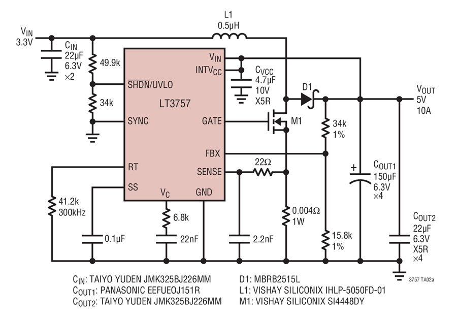LT3757 3.3V Input, 5V/10A Output Boost Converter Circuit Collection ...