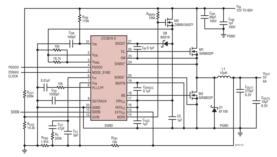 LTC3810-5 12V to 60V Input Voltage to 5V/6A Synchronized at 250kHz ...