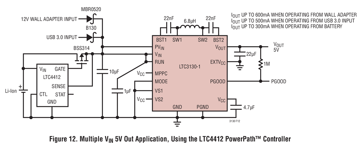 LTC3130 Multiple VIN 5V Out Application, Using the LTC4412 PowerPath Controller Circuit ...