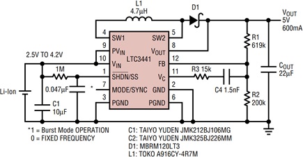 Monolithic Buck-Boost Converter Provides 1A at 3.3V without Schottky ...