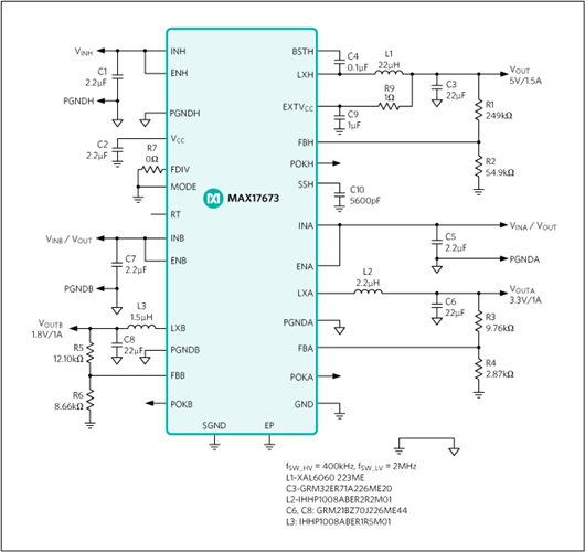 MAX17673 Integrated 4.5V to 60V Synchronous 1.5A HV Buck and Dual 2.7V to 5.5V, 1A Buck ...