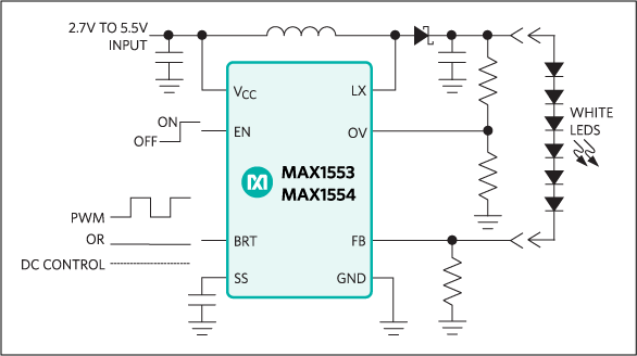 MAX1553 High-Efficiency, 40V Step-Up Converters for 2 to 10 White LEDs | Analog Devices
