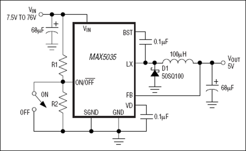 MAX5035 1A、76V、高效MAXPower降压型DC-DC转换器 | 亚德诺（ADI）半导体