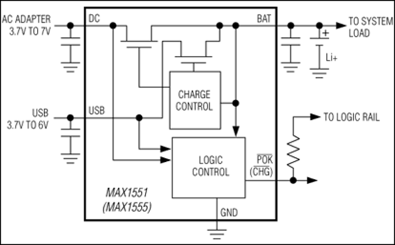 MAX1555 SOT23, Dual-Input, USB/AC Adapter, 1-Cell Li+ Battery Chargers ...