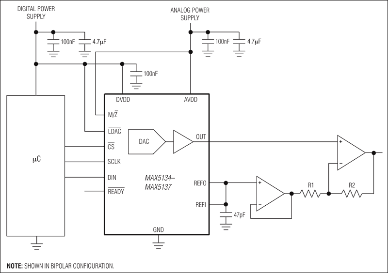 MAX5134 Pin-/Software-Compatible, 16-/12-Bit, Voltage-Output DACs | Analog Devices