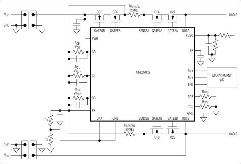 MAX5963 Dual, 7.5V to 76V, Hot-Swap and Diode ORing Controller | Analog Devices