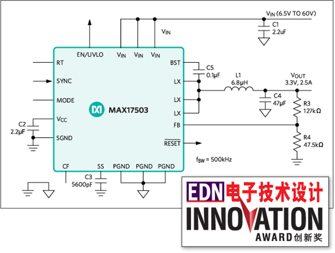 MAX17503 4.5V-60V, 2.5A, High-Efficiency, Synchronous Step-Down DC-DC Converter with Internal ...