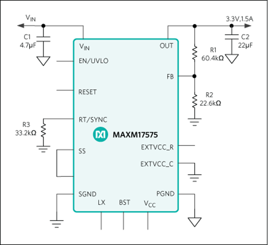 MAXM17575 4.5V至60V、1.5A、高效、DC-DC降压型电源模块，集成电感 | 亚德诺（ADI）半导体